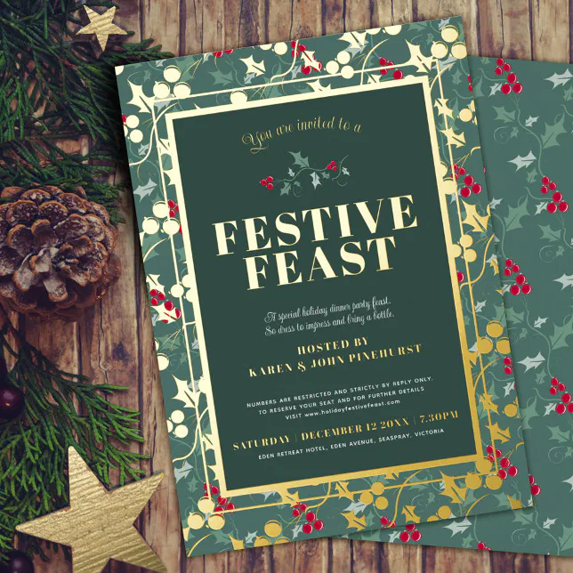 Festive Feast green gold berries Christmas dinner Foil Invitation | Zazzle