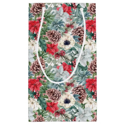 Festive Foliage Floral Christmas Holiday Pattern Small Gift Bag | Zazzle