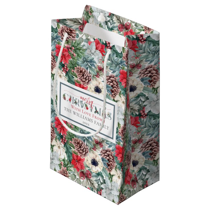 Festive Foliage Floral Christmas Holiday Pattern Small Gift Bag | Zazzle
