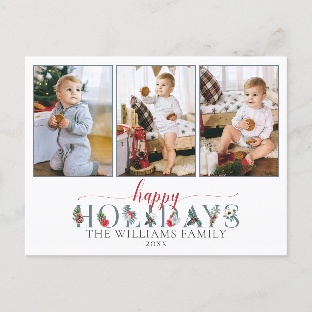 Festive Foliage Happy Holidays Floral 3-Photo Postcard | Zazzle