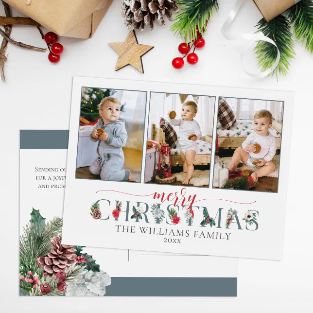 Festive Foliage Merry Christmas Floral 3-Photo Postcard | Zazzle