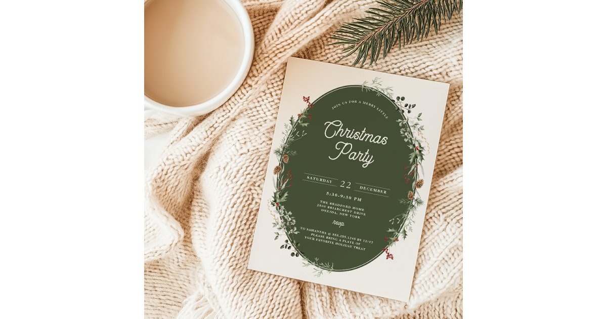 Festive Foliage Wreath Frame Christmas Party Invitation | Zazzle