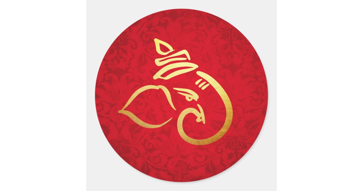Festive Ganesh | Ganpati | Indian God Damask Red Classic Round Sticker ...