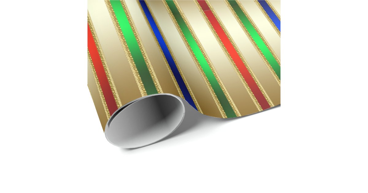 Festive Glam Stripes Red Blue Green Gold Wrapping Paper | Zazzle