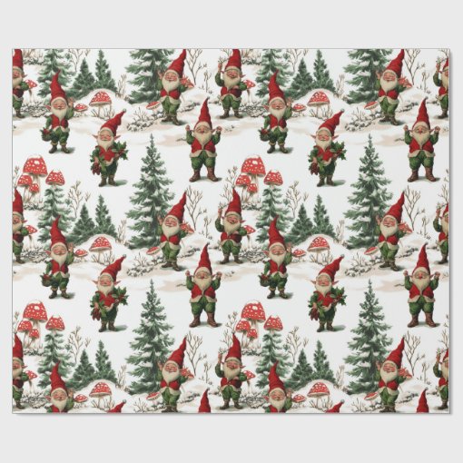 Festive Gnome and Mushroom Woodland Christmas Wrapping Paper | Zazzle