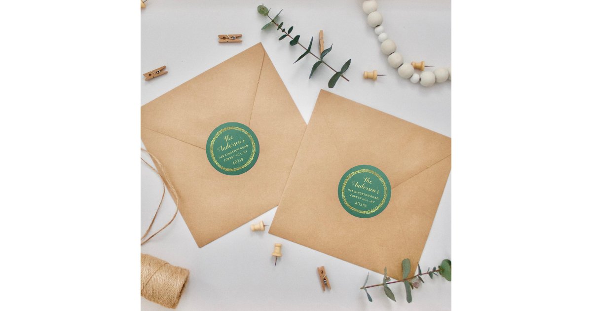 Festive Green & Gold Custom Return Address Classic Round Sticker | Zazzle