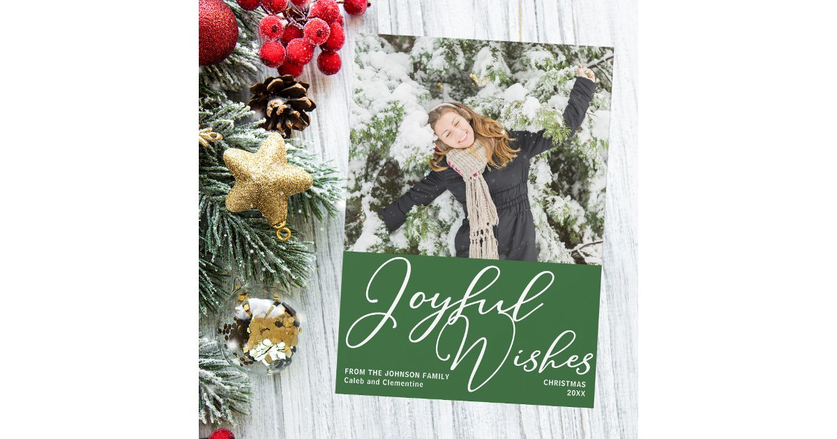 Festive Green Joyful Wishes Christmas Family Photo Holiday Card | Zazzle