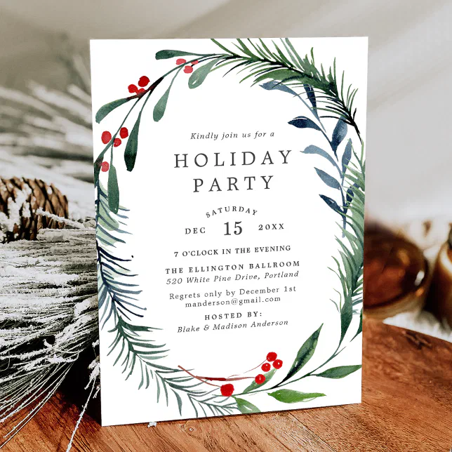 Festive Greenery & Holly Berries Wreath Holiday Invitation | Zazzle