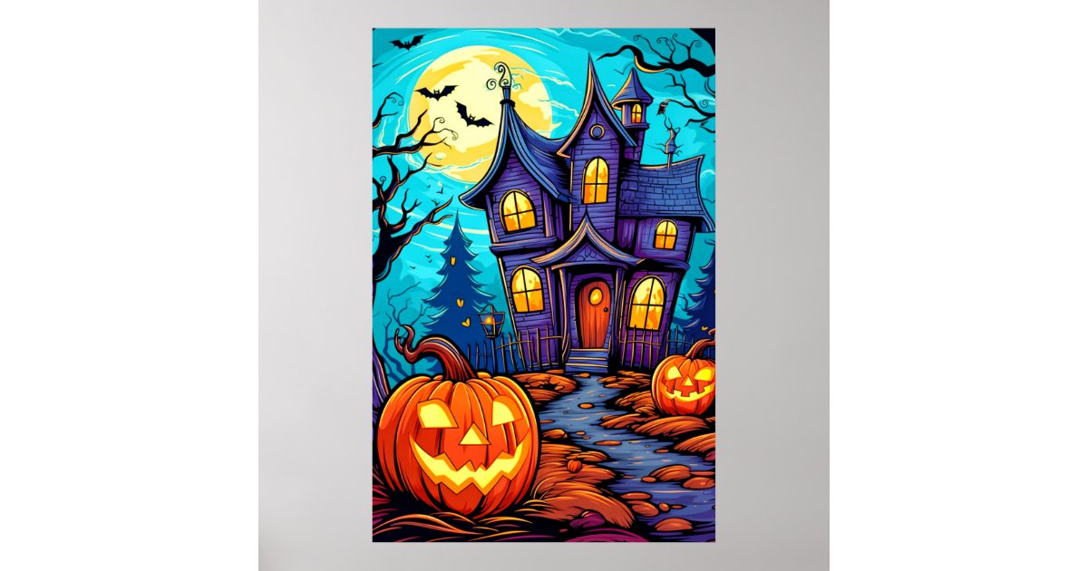 Festive Halloween Haunted House Illustration Poster | Zazzle