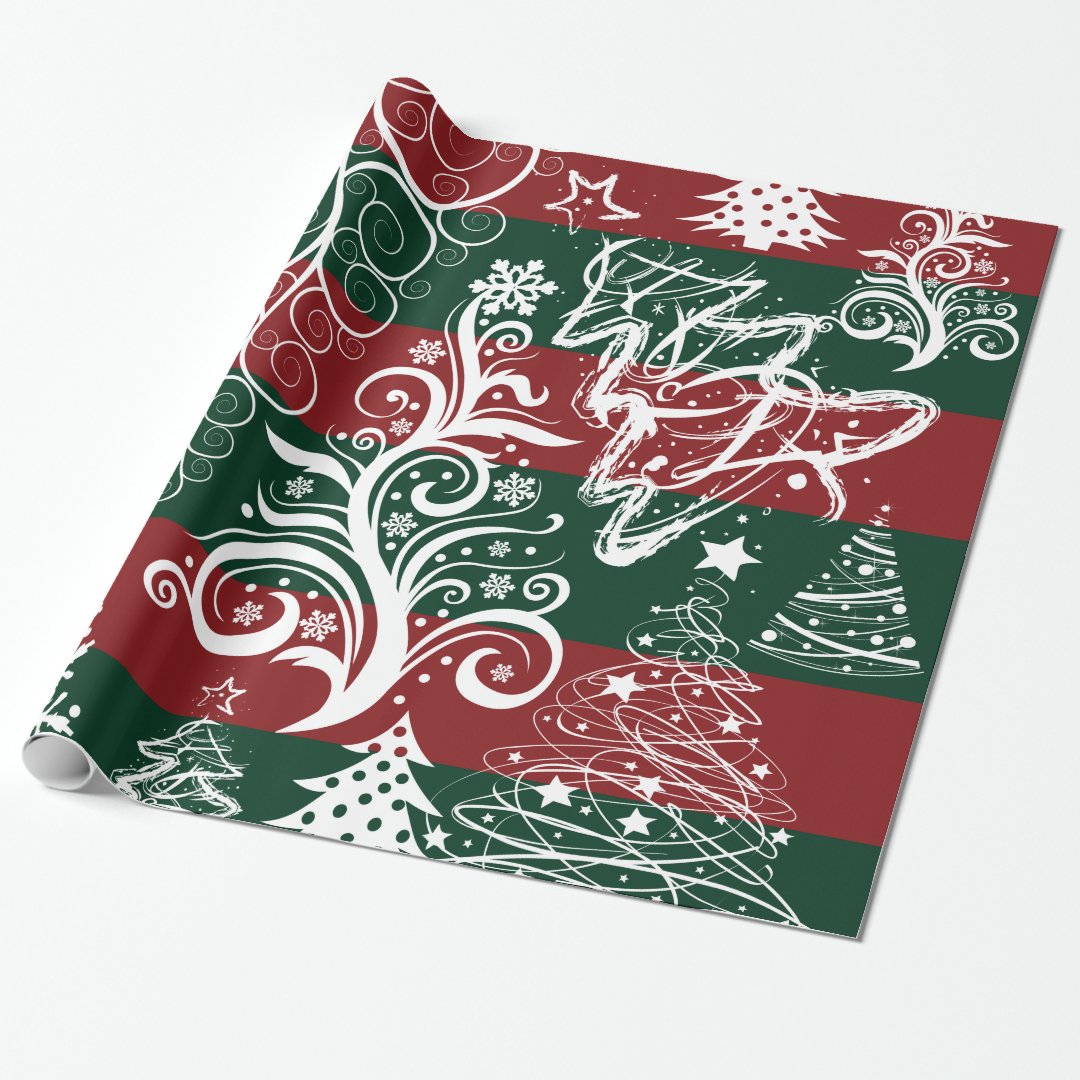 Festive Holiday Christmas Tree Red Green Striped Wrapping Paper | Zazzle
