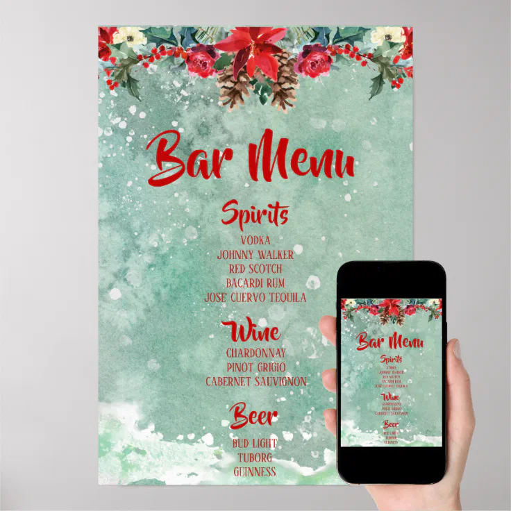 Festive Holidays Bar Menu Winter themed Poster | Zazzle