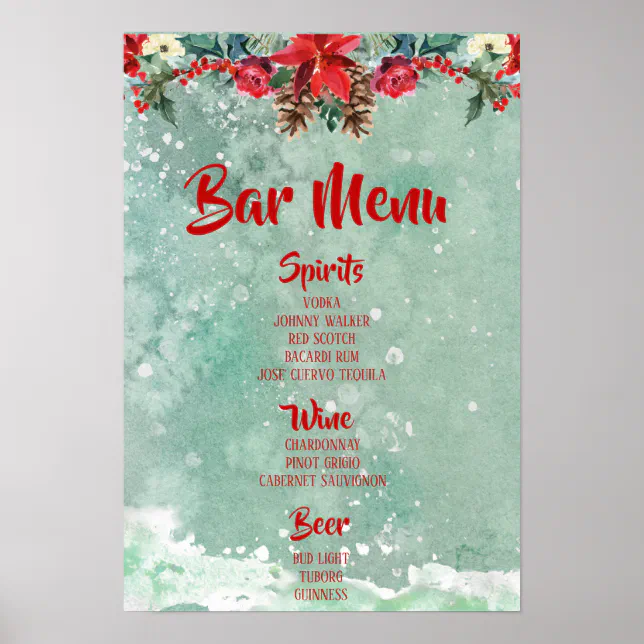 Festive Holidays Bar Menu Winter themed Poster | Zazzle