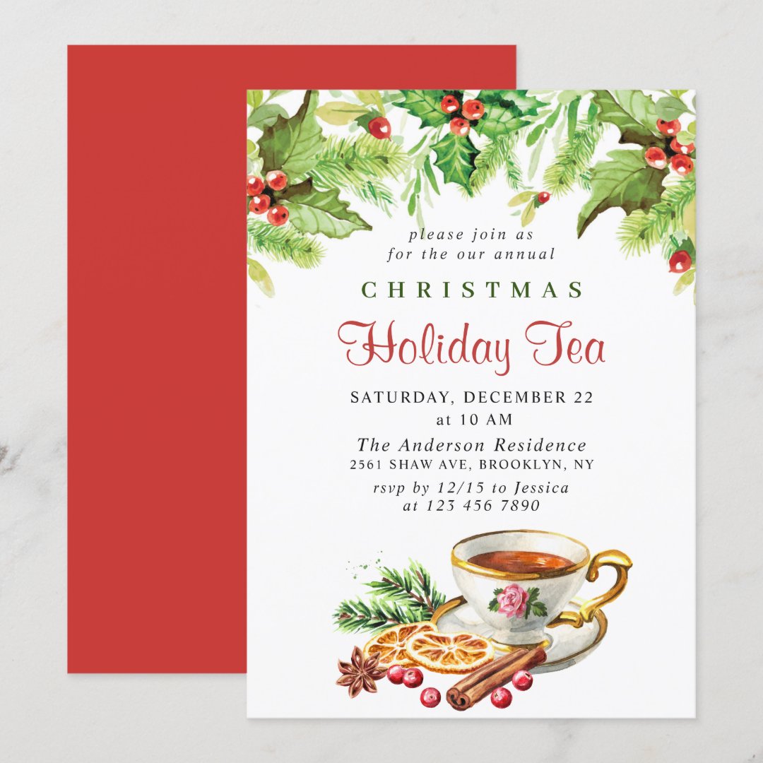 Festive Holly Berry Christmas Holiday Tea Party Invitation | Zazzle
