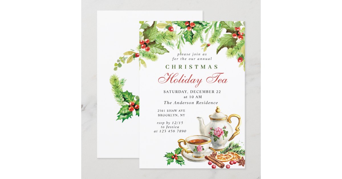 Festive Holly Berry Christmas Holiday Tea Party Invitation | Zazzle