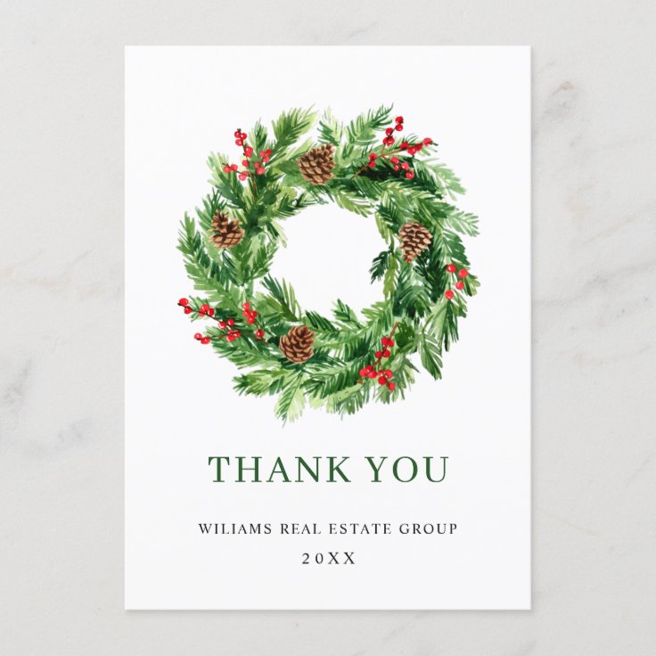 Festive Holly Berry Pine Cones Wreath Christmas Thank You Card | Zazzle