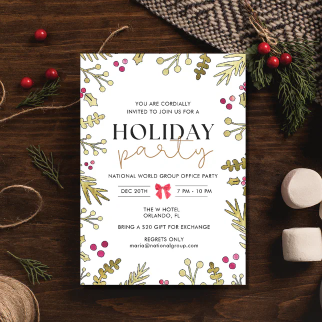 Festive Holly Holiday Christmas Party Invitation | Zazzle