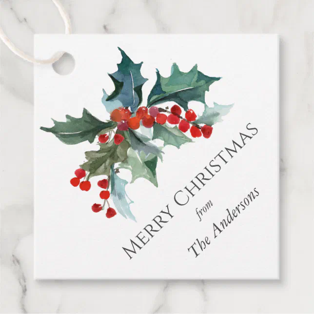 Festive Holly Merry Christmas with Name Favor Tags | Zazzle