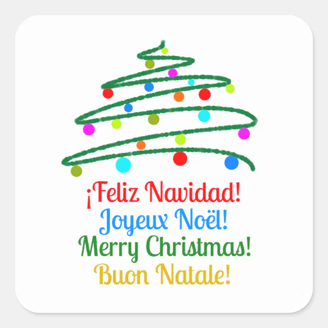 Festive International Merry Christmas and Tree Square Sticker | Zazzle