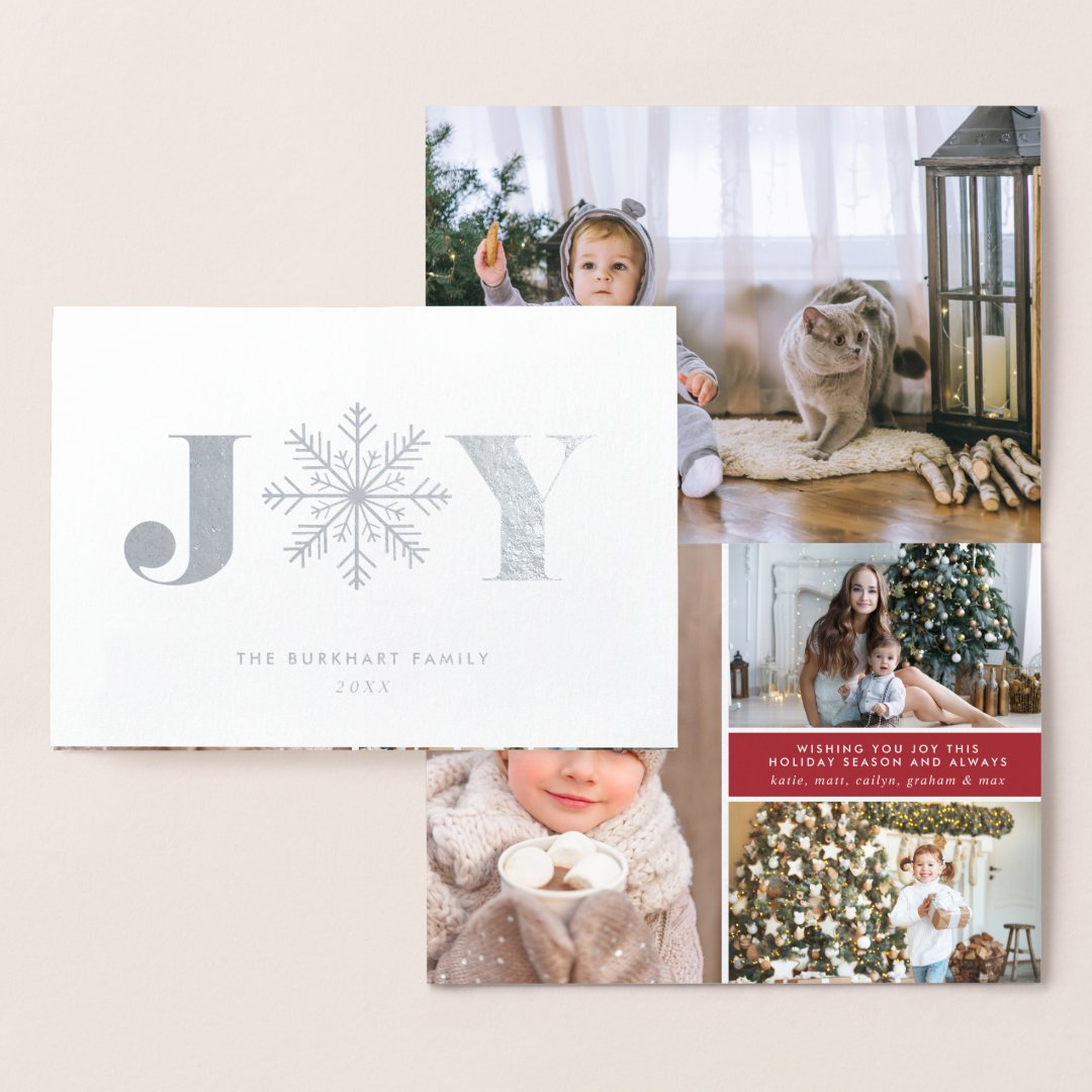 Festive Joy | Christmas Photo Collage Silver Foil Card | Zazzle