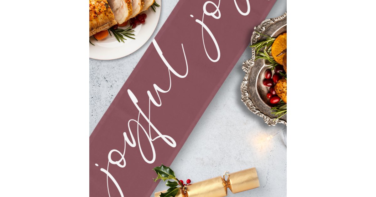 Festive Joyful White Calligraphy Burgundy Long Table Runner | Zazzle