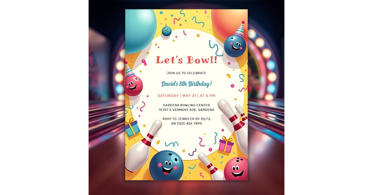 Festive Kids Bowling Themed Birthday Party Invitation | Zazzle