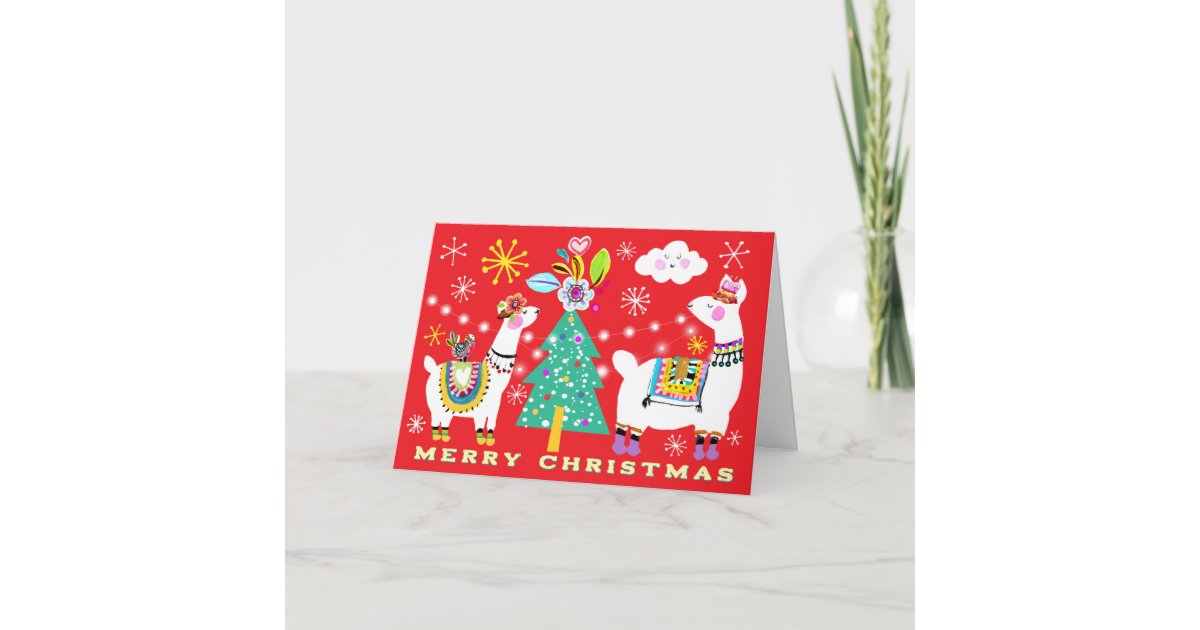 Festive Llamas Christmas Tree Greeting Card | Zazzle