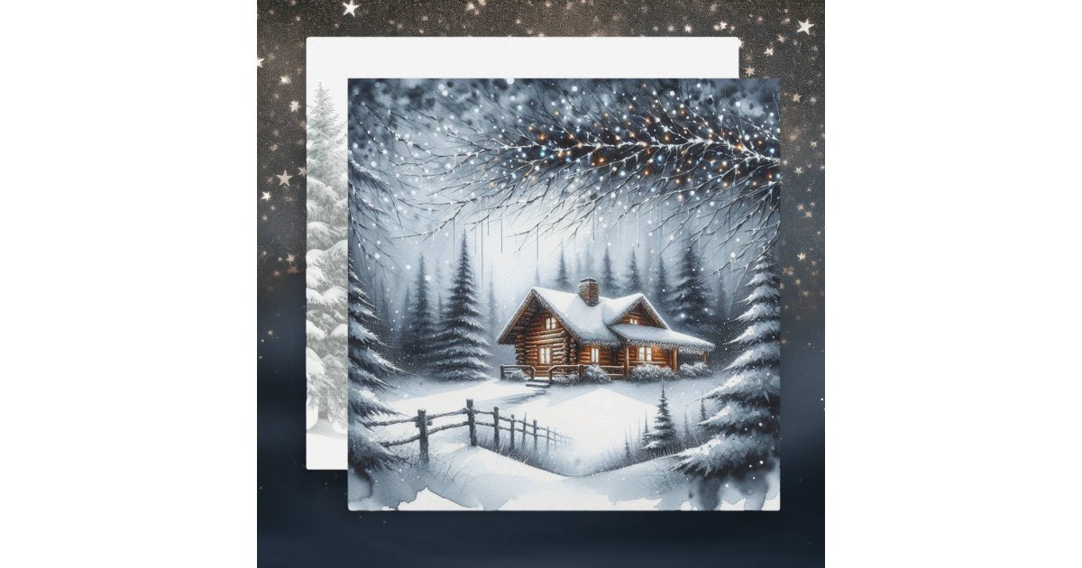 Festive Log Cabin in the Winter Woods Christmas Holiday Card | Zazzle