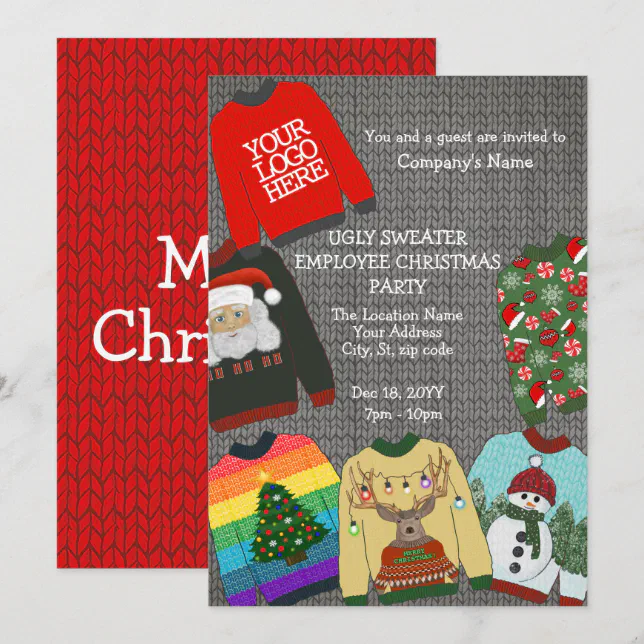 Festive Logo Ugly Sweater Employee Christmas Party Invitation | Zazzle