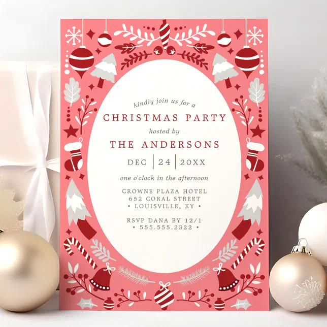 Festive Modern Red and Pink Christmas Party Invitation | Zazzle