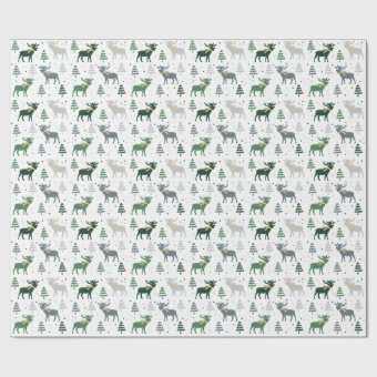 Festive Moose, Trees, and Snow Christmas Pattern Wrapping Paper | Zazzle