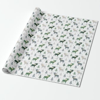 Festive Moose, Trees, and Snow Christmas Pattern Wrapping Paper | Zazzle