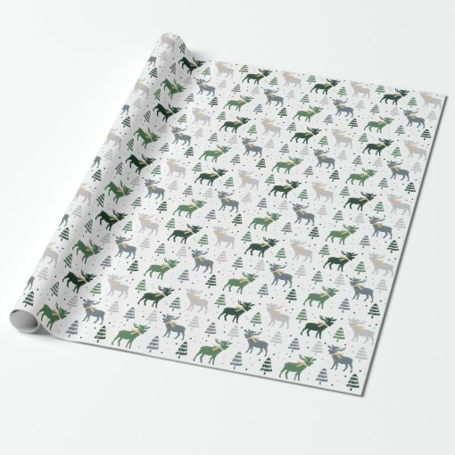Festive Moose, Trees, and Snow Christmas Pattern Wrapping Paper | Zazzle