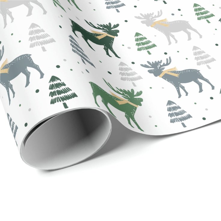 Festive Moose, Trees, and Snow Christmas Pattern Wrapping Paper | Zazzle