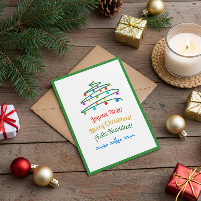 Festive Multilingual Merry Christmas and Tree Holiday Card | Zazzle