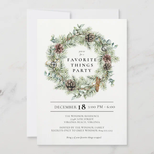 Festive Natural Wreath Holiday Favorite Things Invitation | Zazzle