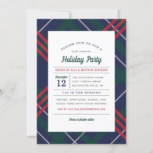 Festive Navy Green Red Tartan Plaid Holiday Party Invitation | Zazzle