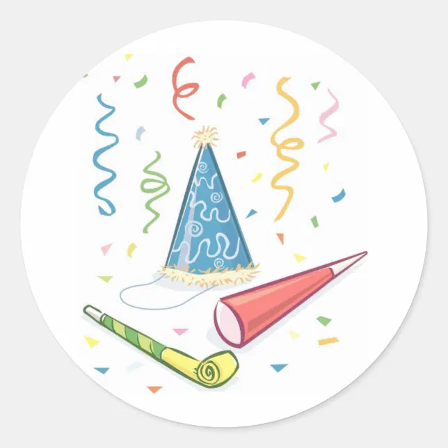 Festive Party Hat with Noisemakers Classic Round Sticker | Zazzle