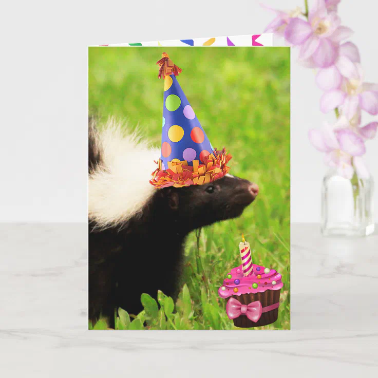 Festive Party Skunk Birthday Card | Zazzle