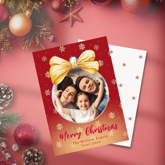 Festive Photo Ornament Christmas Family Name Holiday Card | Zazzle