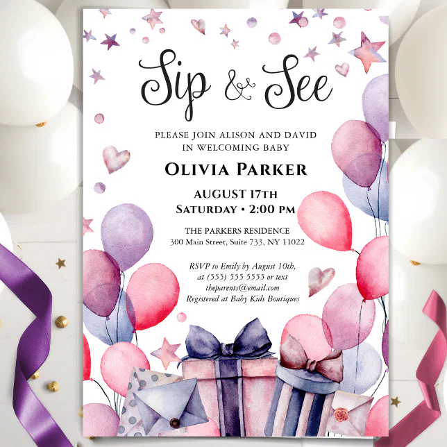 Festive Pink Blue Balloon Welcome Baby SIP AND SEE Invitation | Zazzle