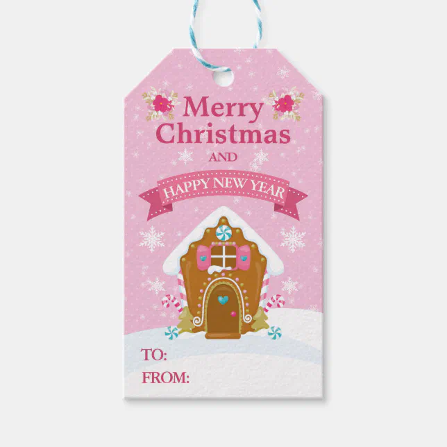 Festive Pink Gingerbread House Christmas Gift Tags | Zazzle