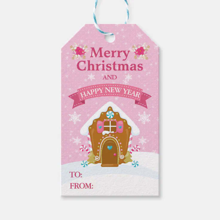 Festive Pink Gingerbread House Christmas Gift Tags | Zazzle