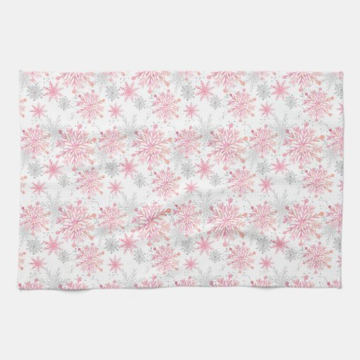 Festive Pink Gray snowflake tiled pattern Kitchen Towel | Zazzle