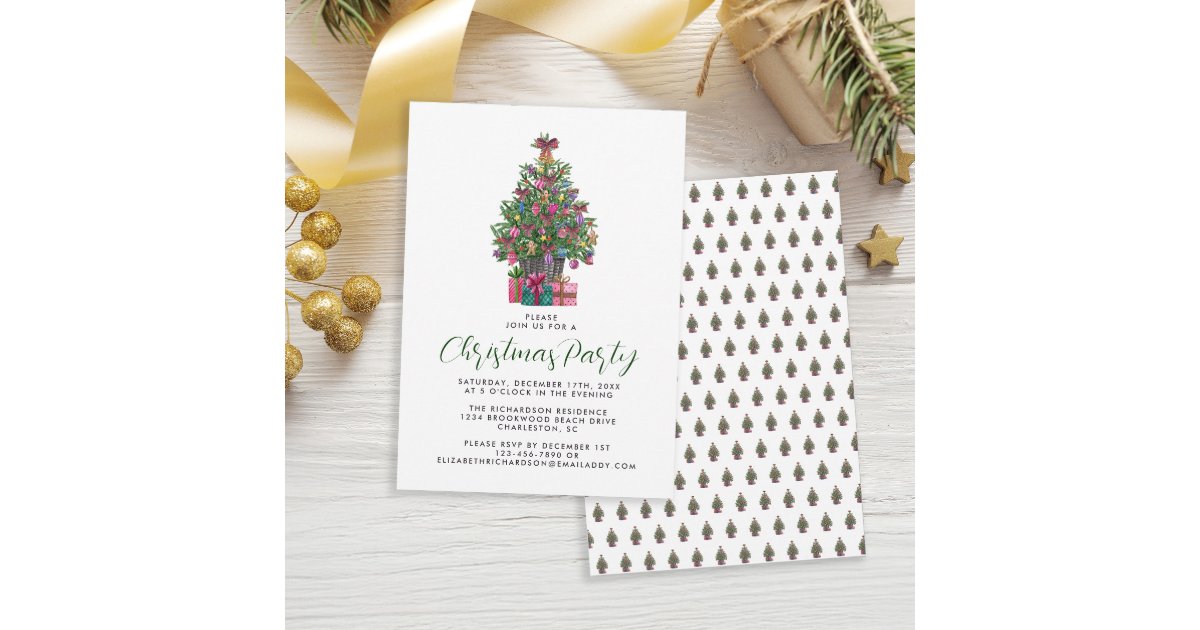 Festive Pink Whimsical Christmas Tree Party Invitation | Zazzle
