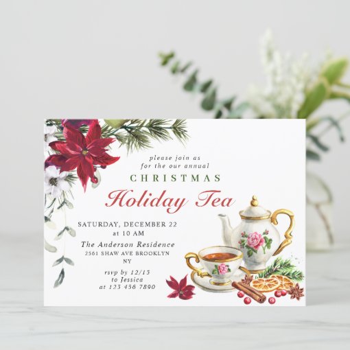 Festive Poinsettia Christmas Holiday Tea Party Invitation | Zazzle