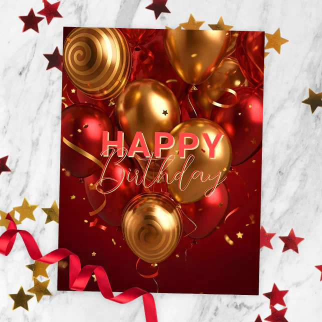 Festive Red and Gold Balloon Birthday Celebration Postcard | Zazzle