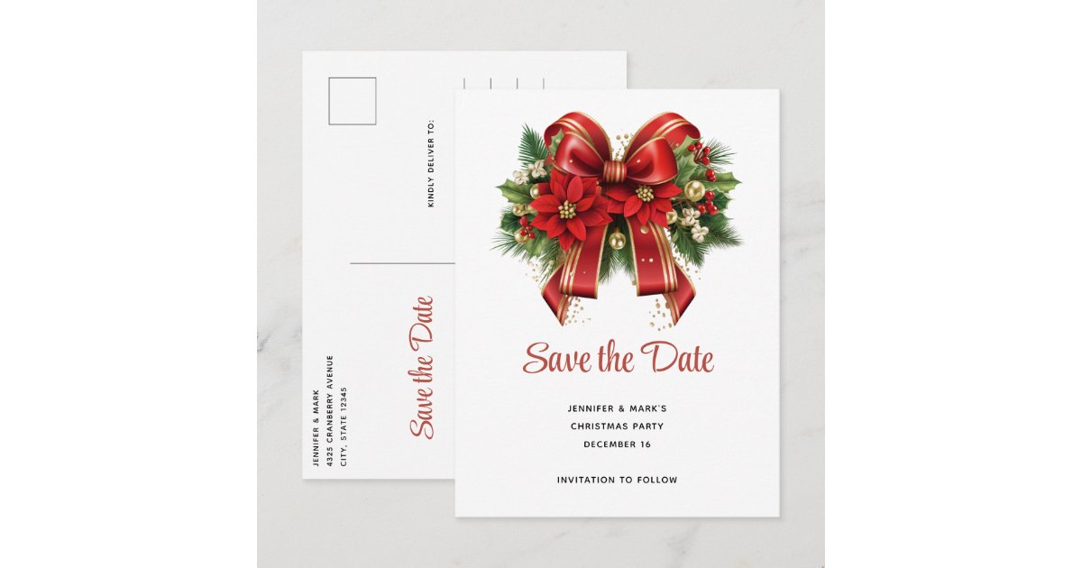 Festive Red and Gold Christmas Bow Save the Date Invitation Postcard ...