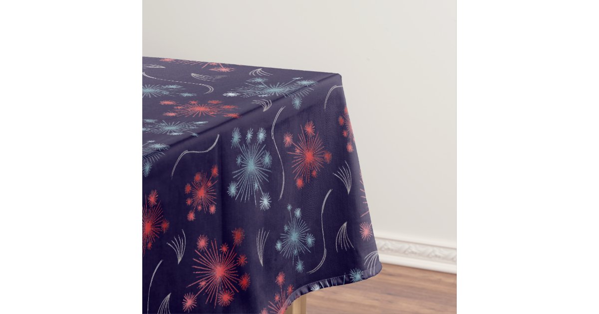 Festive Red, Blue and Silver fireworks design Tablecloth | Zazzle