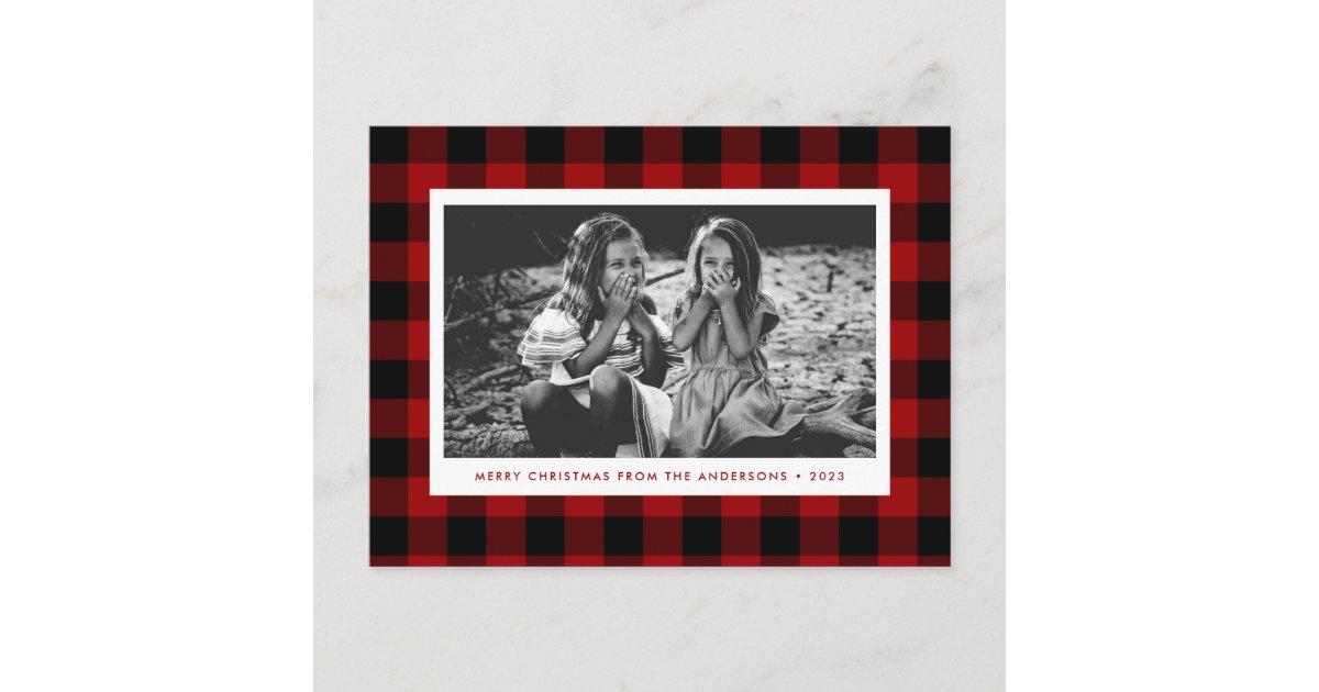 Festive Red Buffalo Plaid Single Photo Christmas Postcard | Zazzle