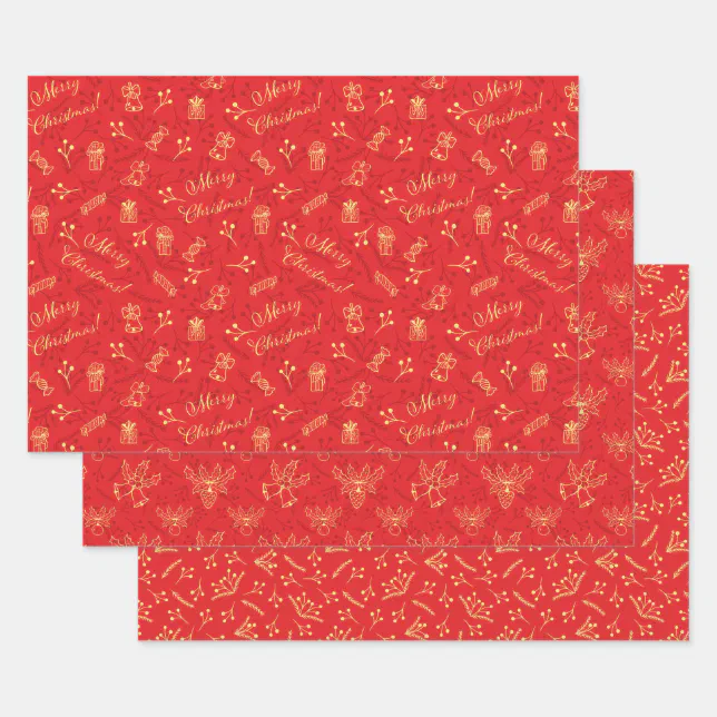 Festive Red Christmas 3 Patterns Holidays Gift Wrapping Paper Sheets ...
